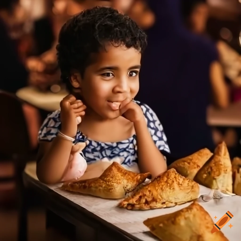 Children with arabic features enjoying samosas in a crowded restaurant ...