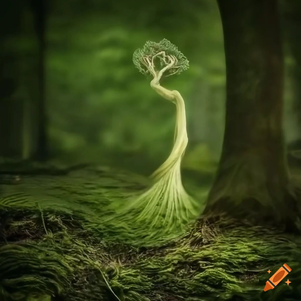 Realistic representation of a spriggan entwined in green foliage on Craiyon