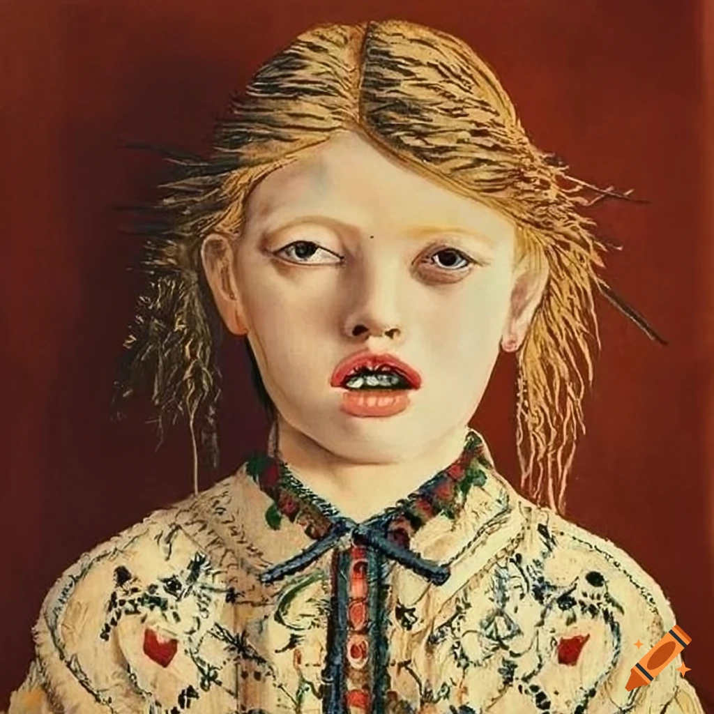 Girl wearing spikes and teeth pattern with lace embroidered corduroy ...