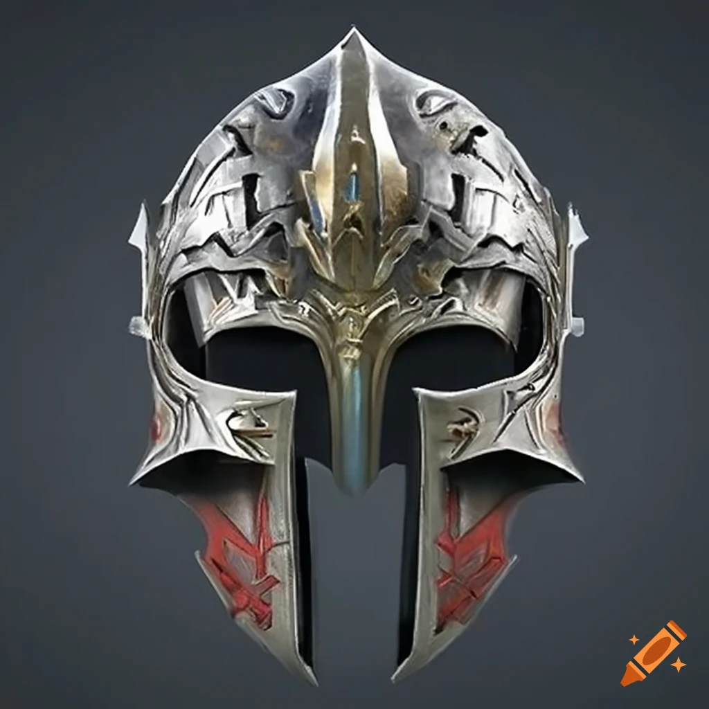 Front view of an elite champion cursed helmet in a fantasy setting on ...