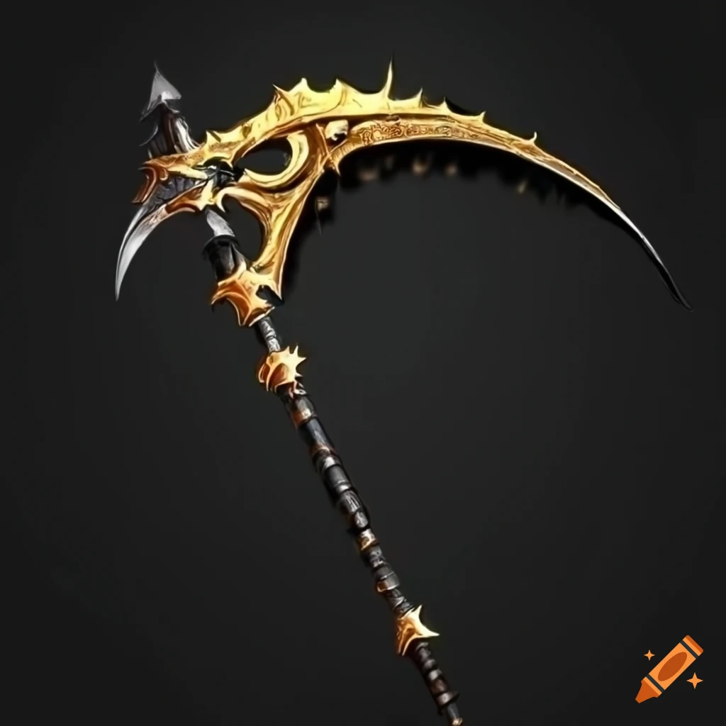 Large black scythe with intricate golden detail on Craiyon