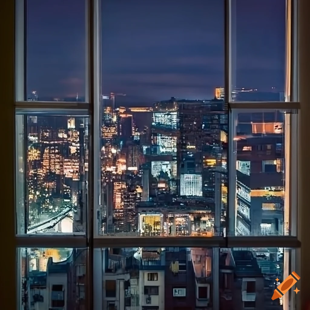 City view from an apartment window at night on Craiyon