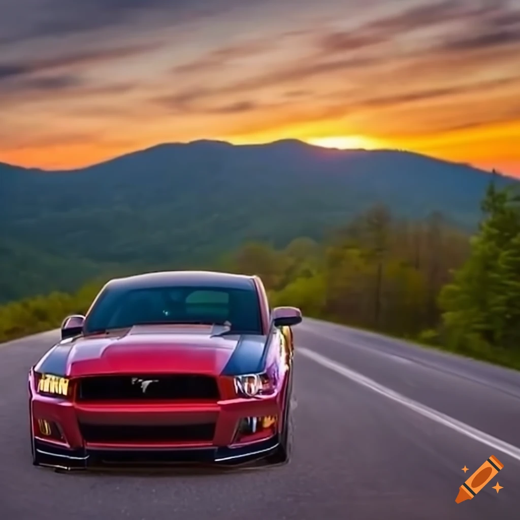 2013 ford mustang driving through the mountain at sunset on Craiyon