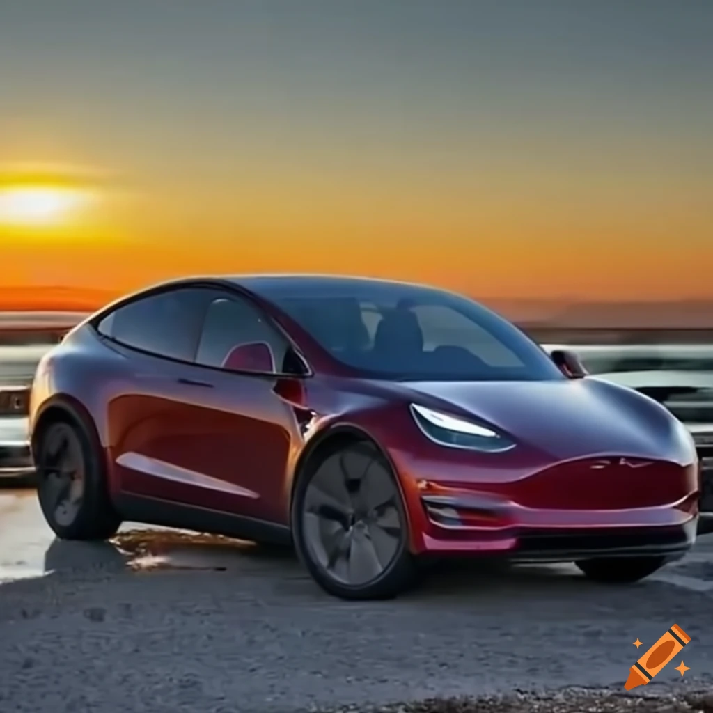 Tesla model y driving off into the sunset on Craiyon
