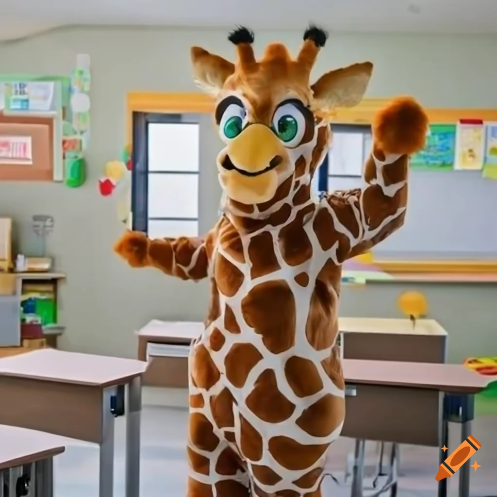 Female teacher in giraffe mascot costume in classroom on Craiyon