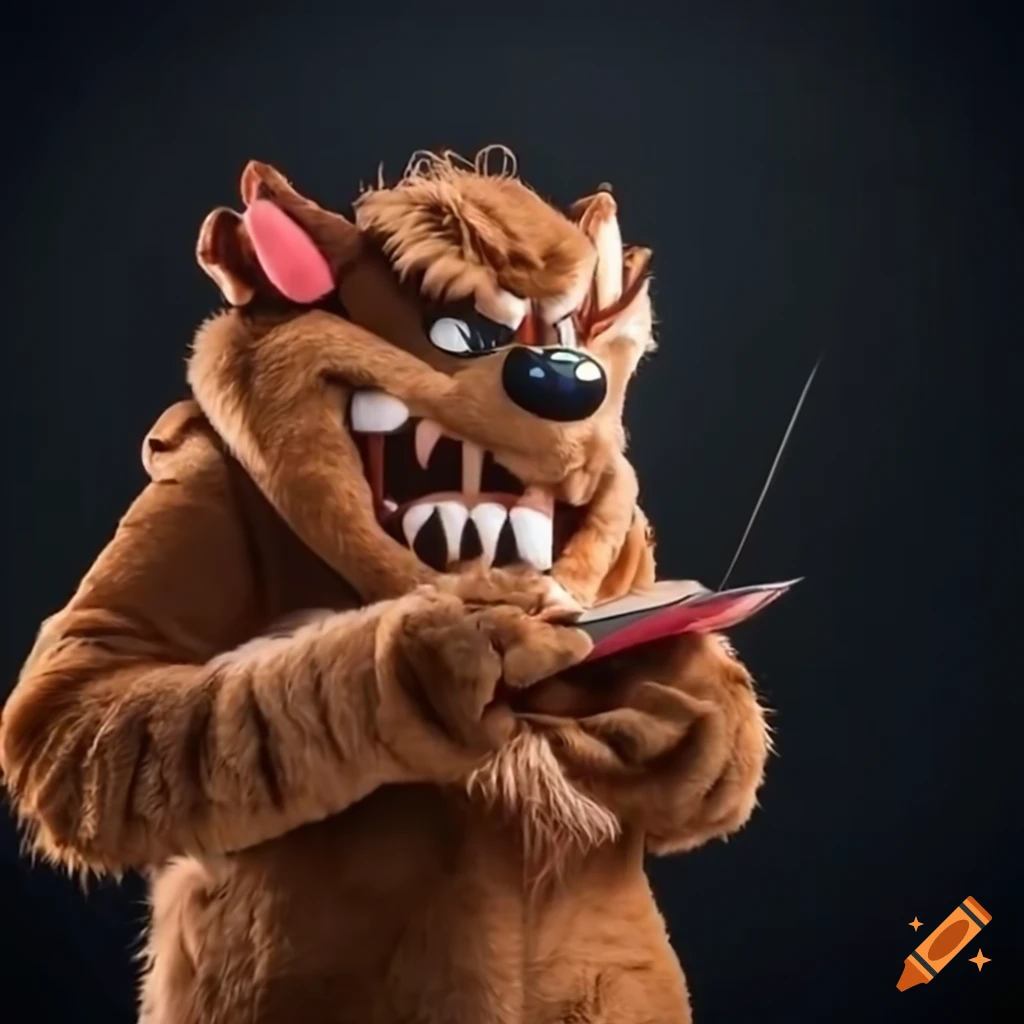 Close-up of female teacher in Tasmanian devil mascot fursuit in ...