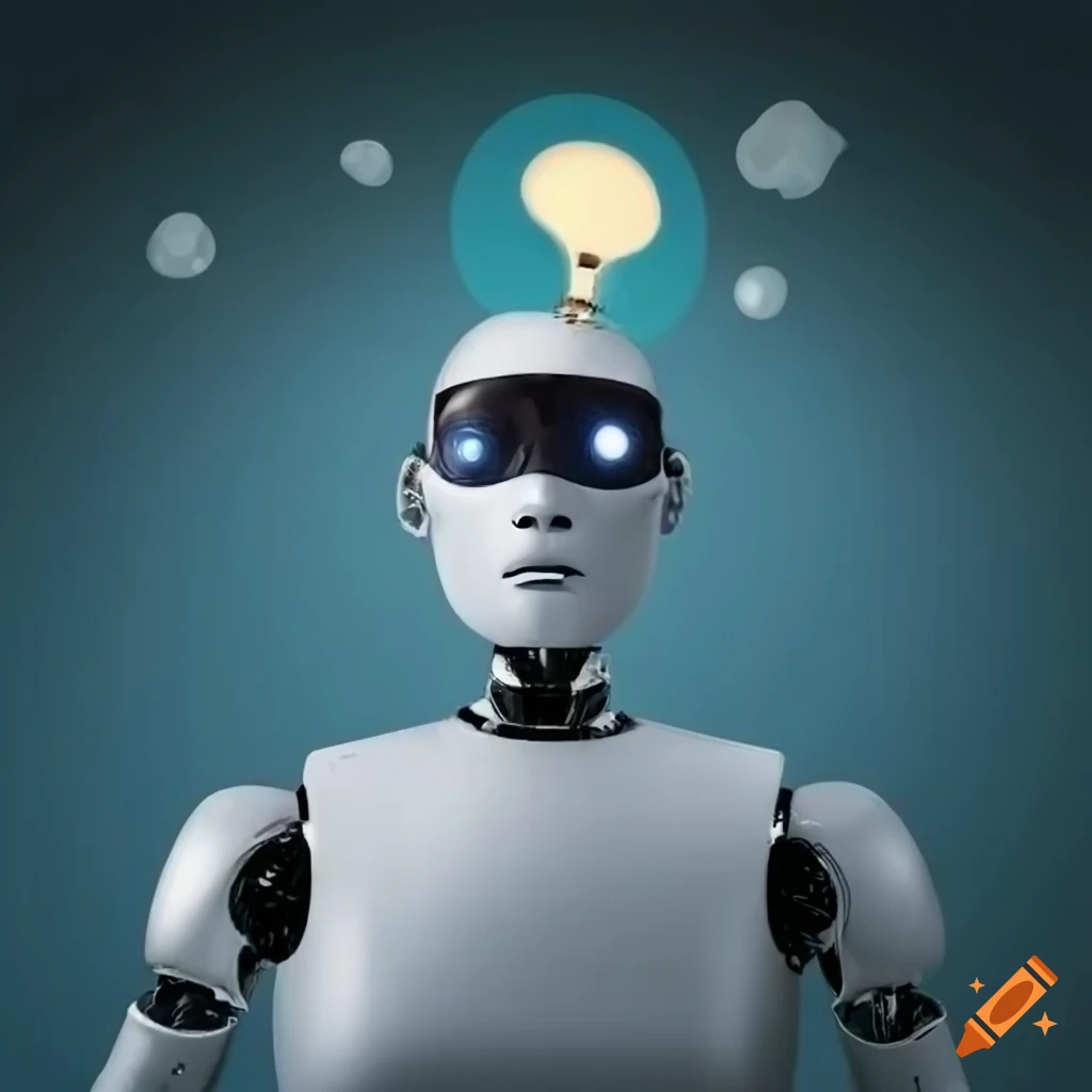 Photorealistic humanoid robot with a thought bubble and light bulb ...
