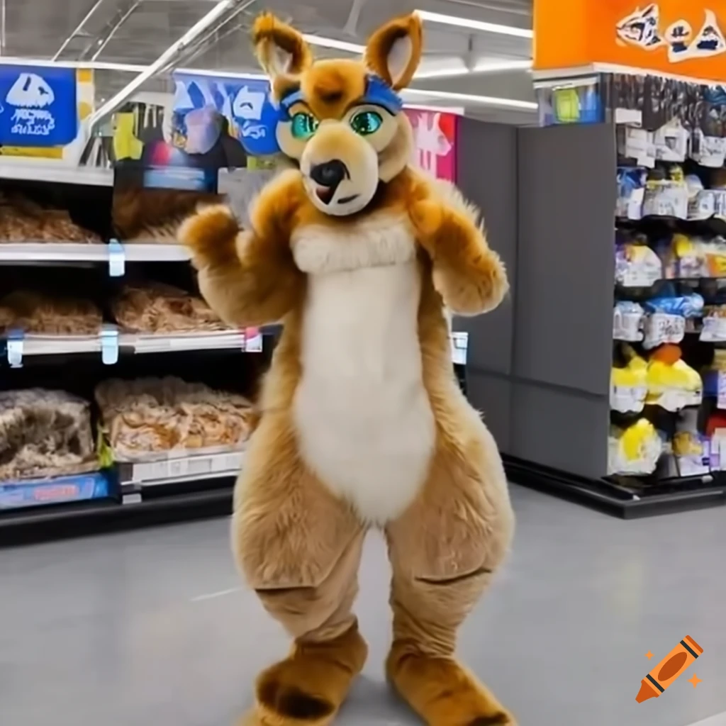 Male employee in full body kangaroo mascot fursuit at walmart on Craiyon