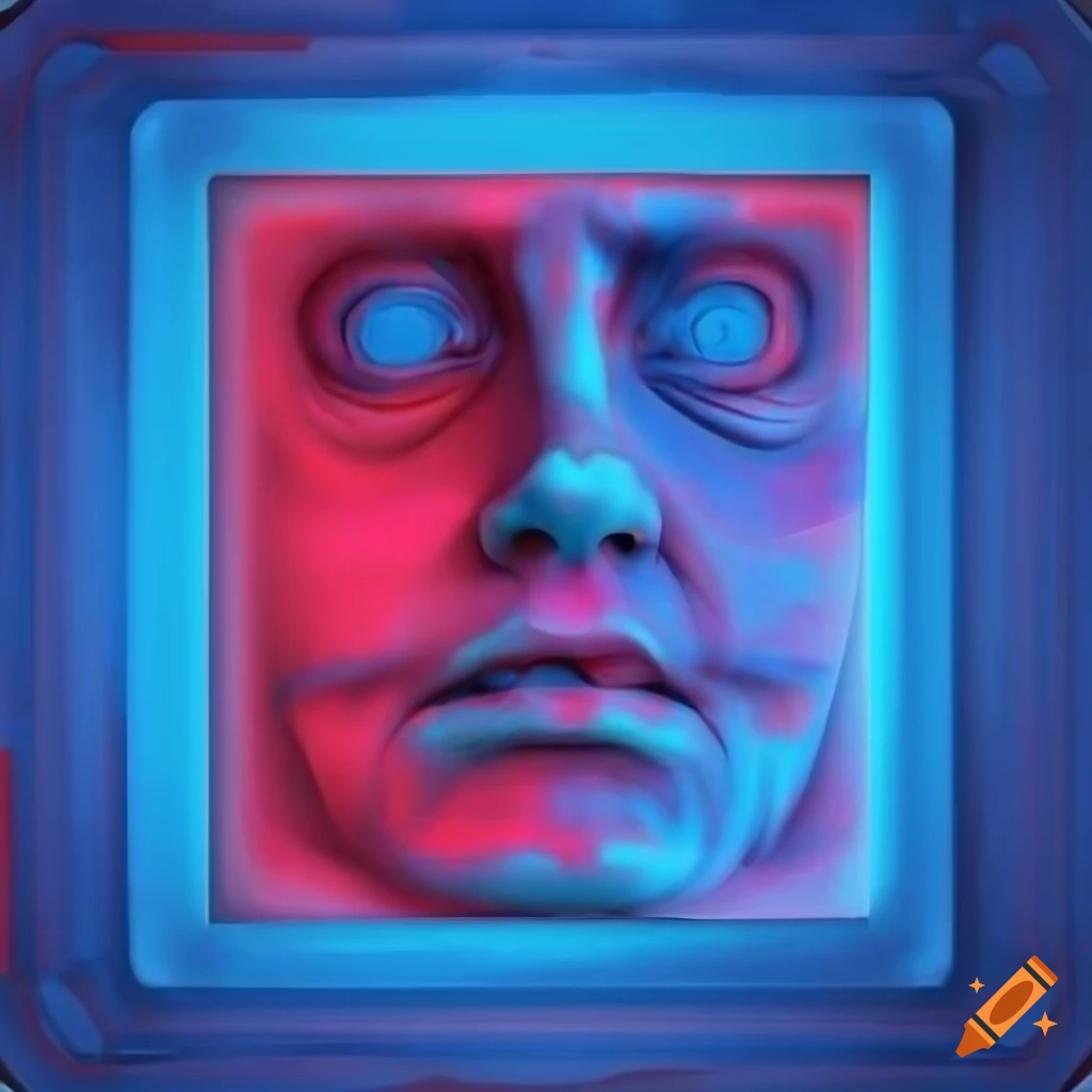 Abstract square-shaped red and blue detailed face texture on Craiyon