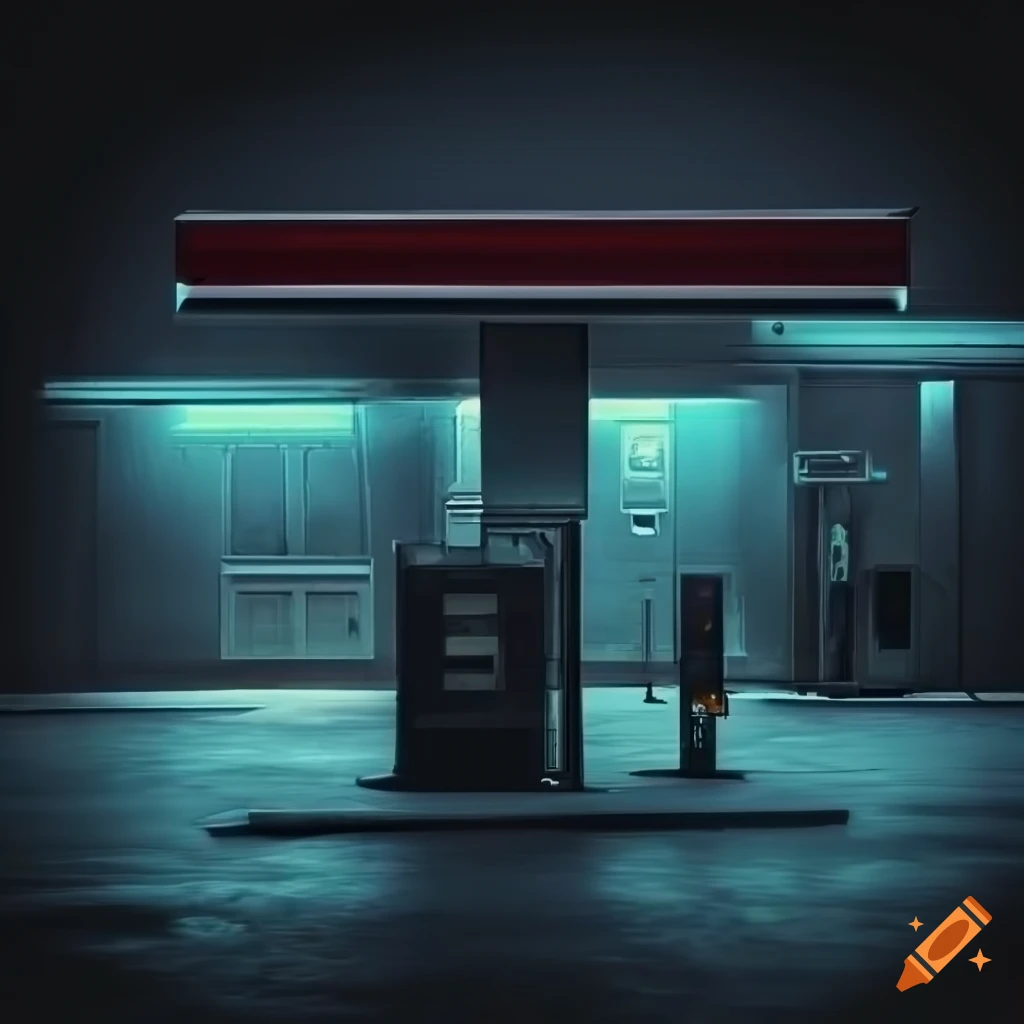 Gas station at night in a dark photorealistic scene on Craiyon