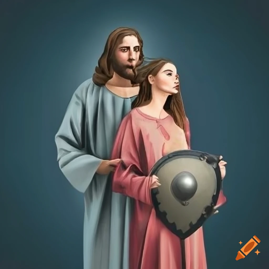 Jesus standing behind a woman holding a medieval shield with human ...