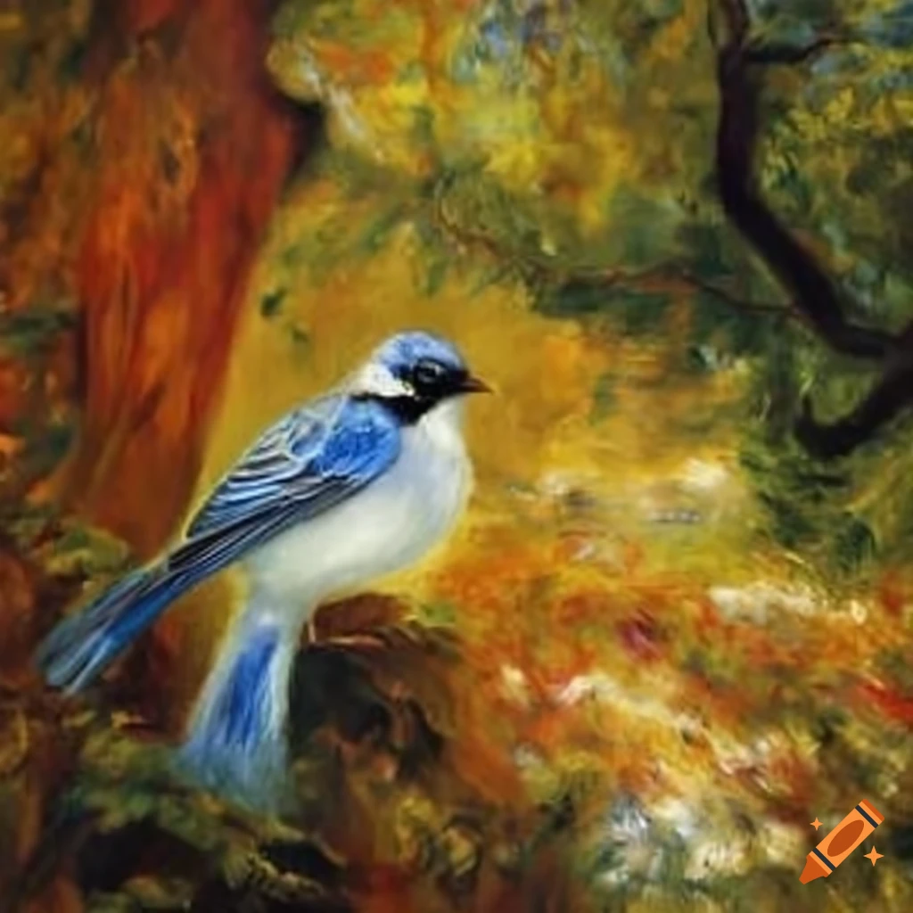 Beautiful bird perched on a tree in an oil painting by renoir on Craiyon