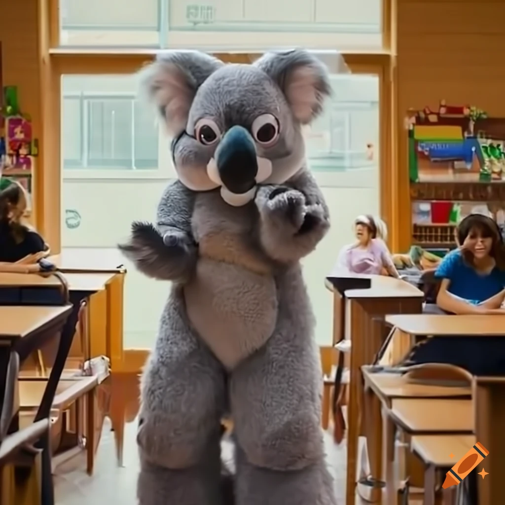 Female teacher in full body koala mascot fursuit in classroom on Craiyon