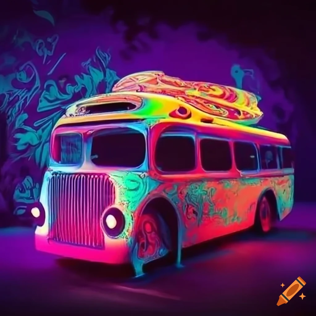 Colorful city bus in a psychedelic design on Craiyon