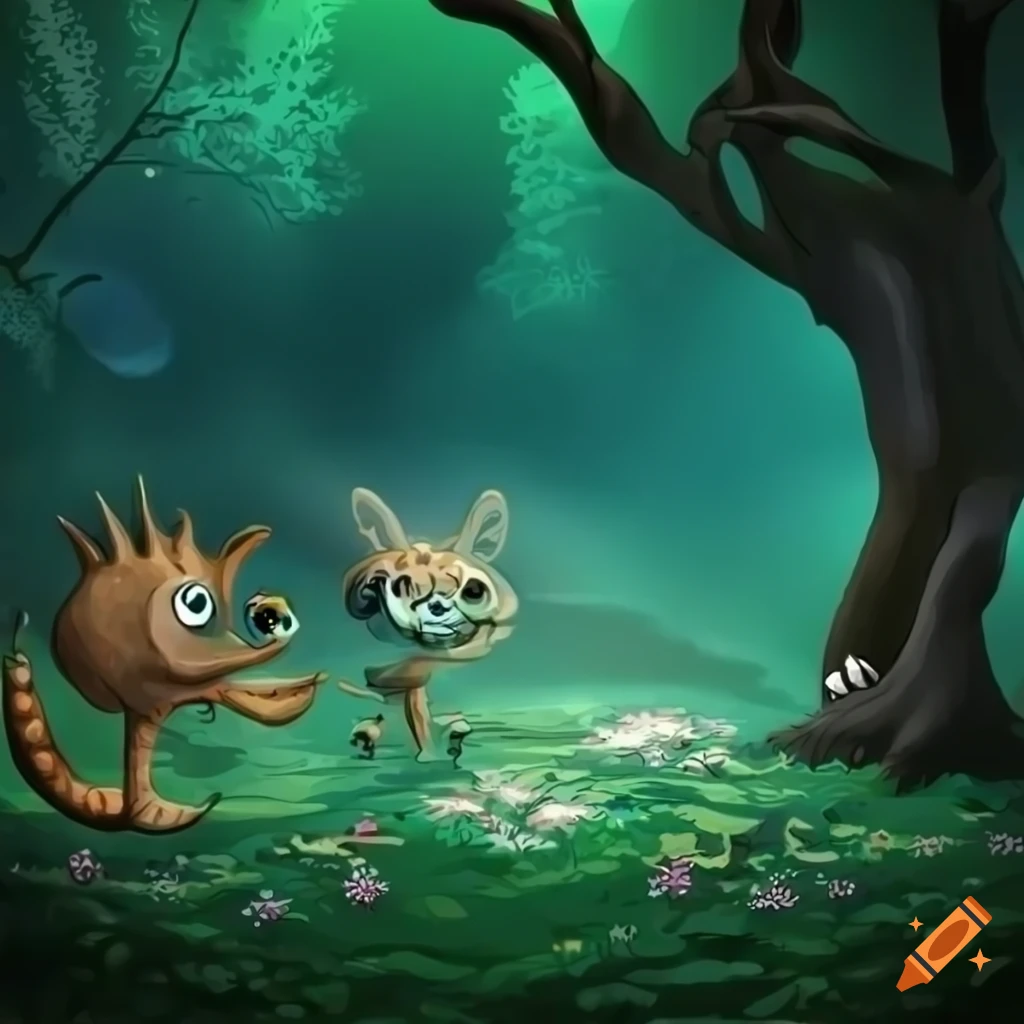 Surreal and whimsical cartoon animals in a strange forest with a ...