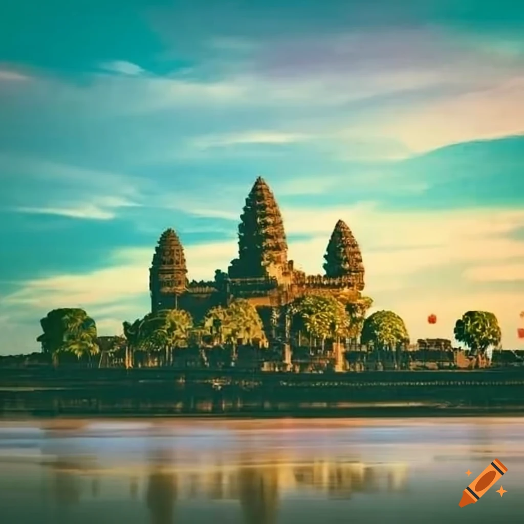 Ancient angkor wat temple on the ocean beach on Craiyon