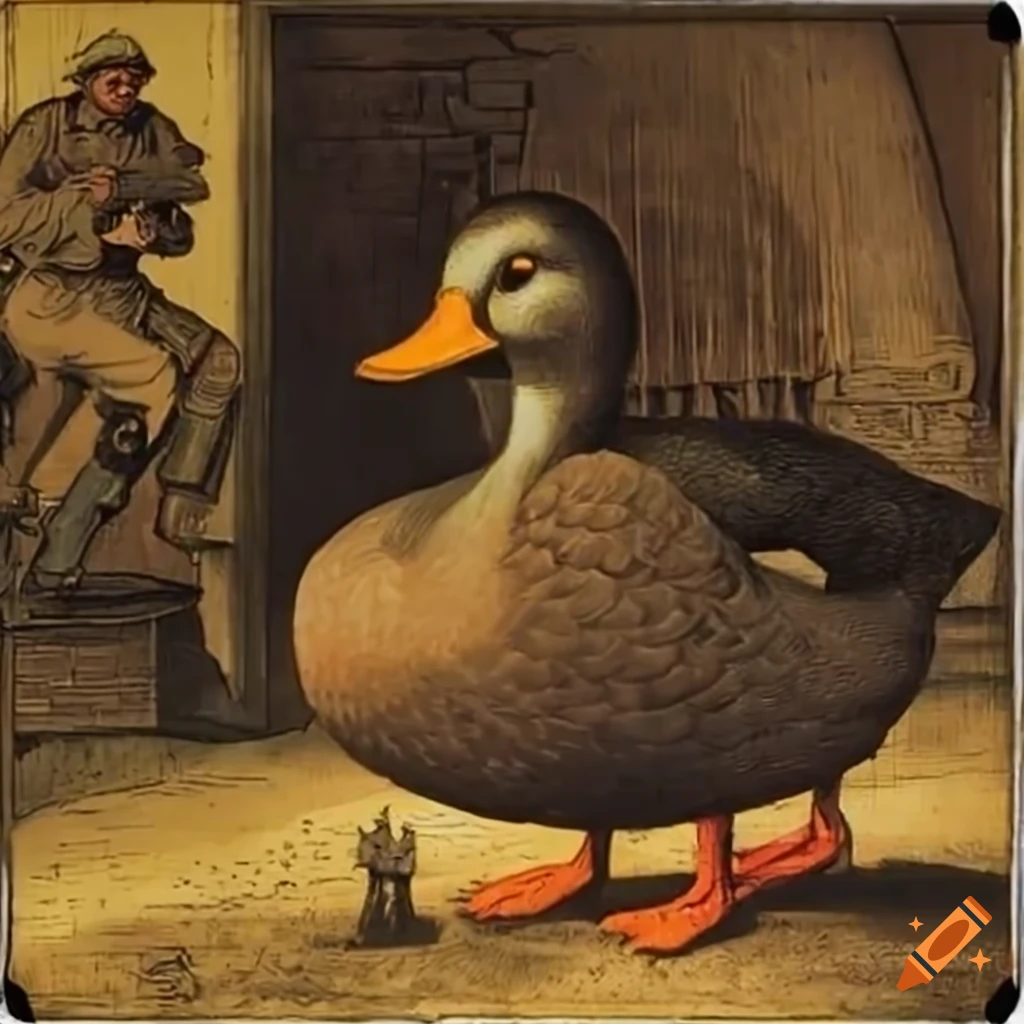Dynamic scene of a duck with integrated gadgets in a war setting on Craiyon
