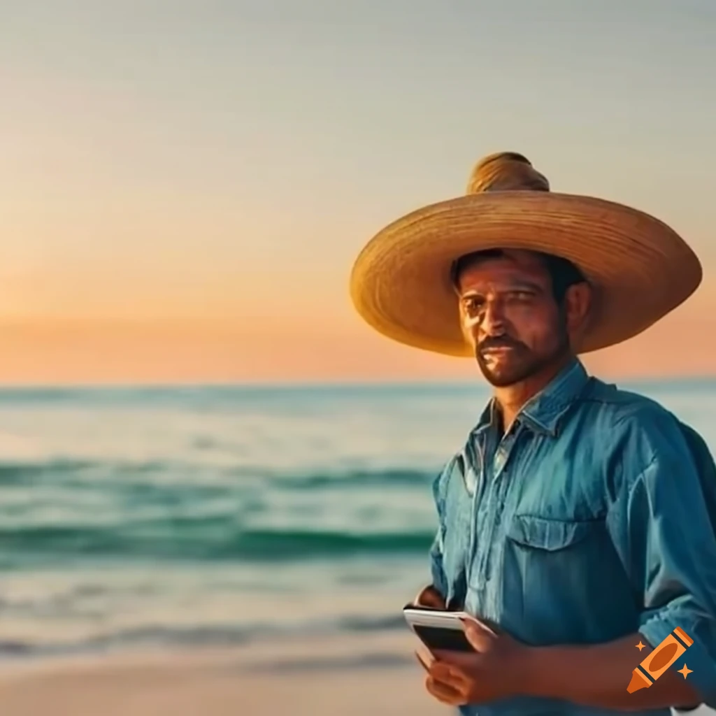Confident cowboy using cellphone at the beach on Craiyon