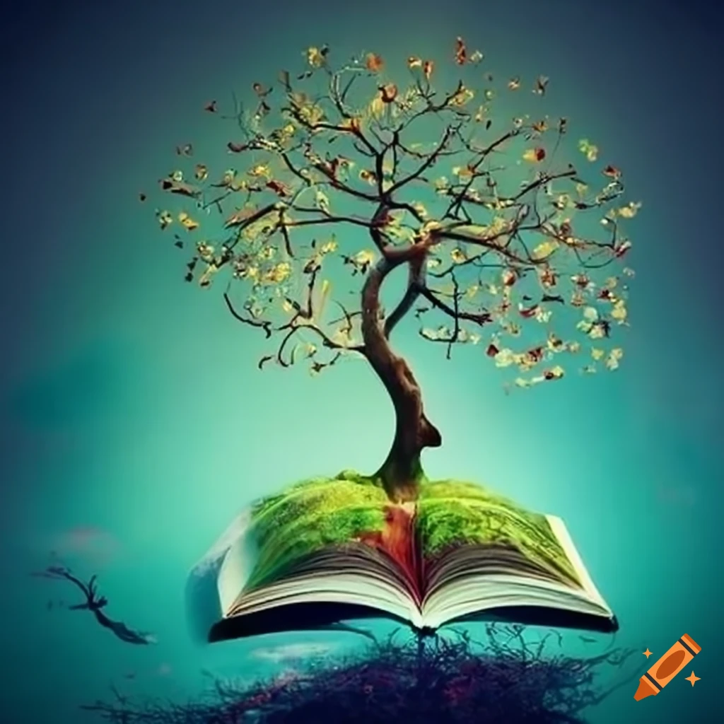 Whimsical magical tree growing from a book on Craiyon