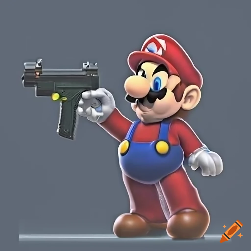 Video game character with a firearm on Craiyon