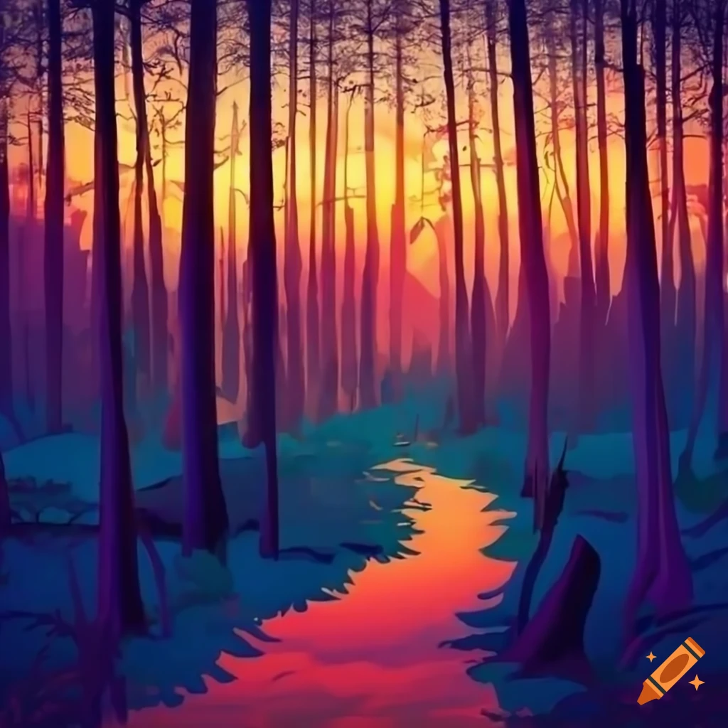 Colorful forest at sunset on Craiyon