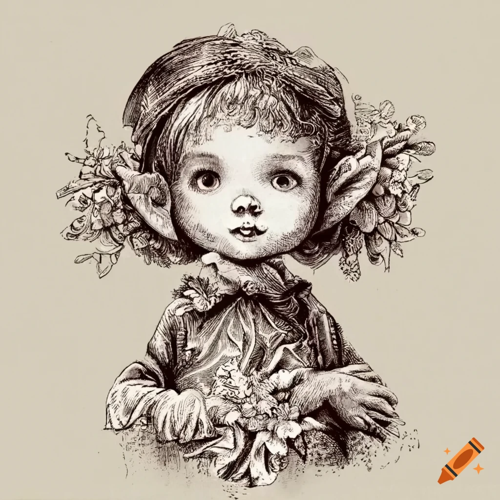 Vintage illustration of elf children with flowers on Craiyon
