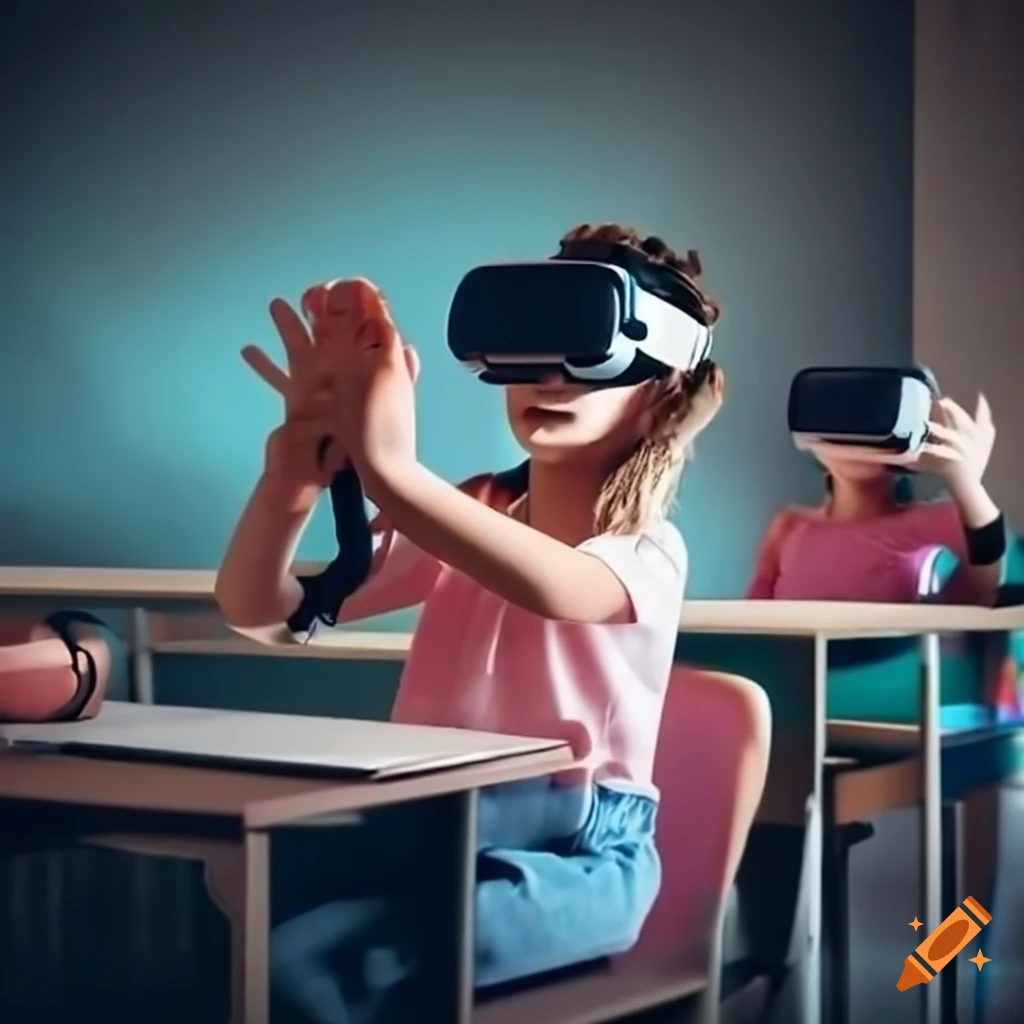 Classroom full of children wearing VR headsets and sitting at desks on ...