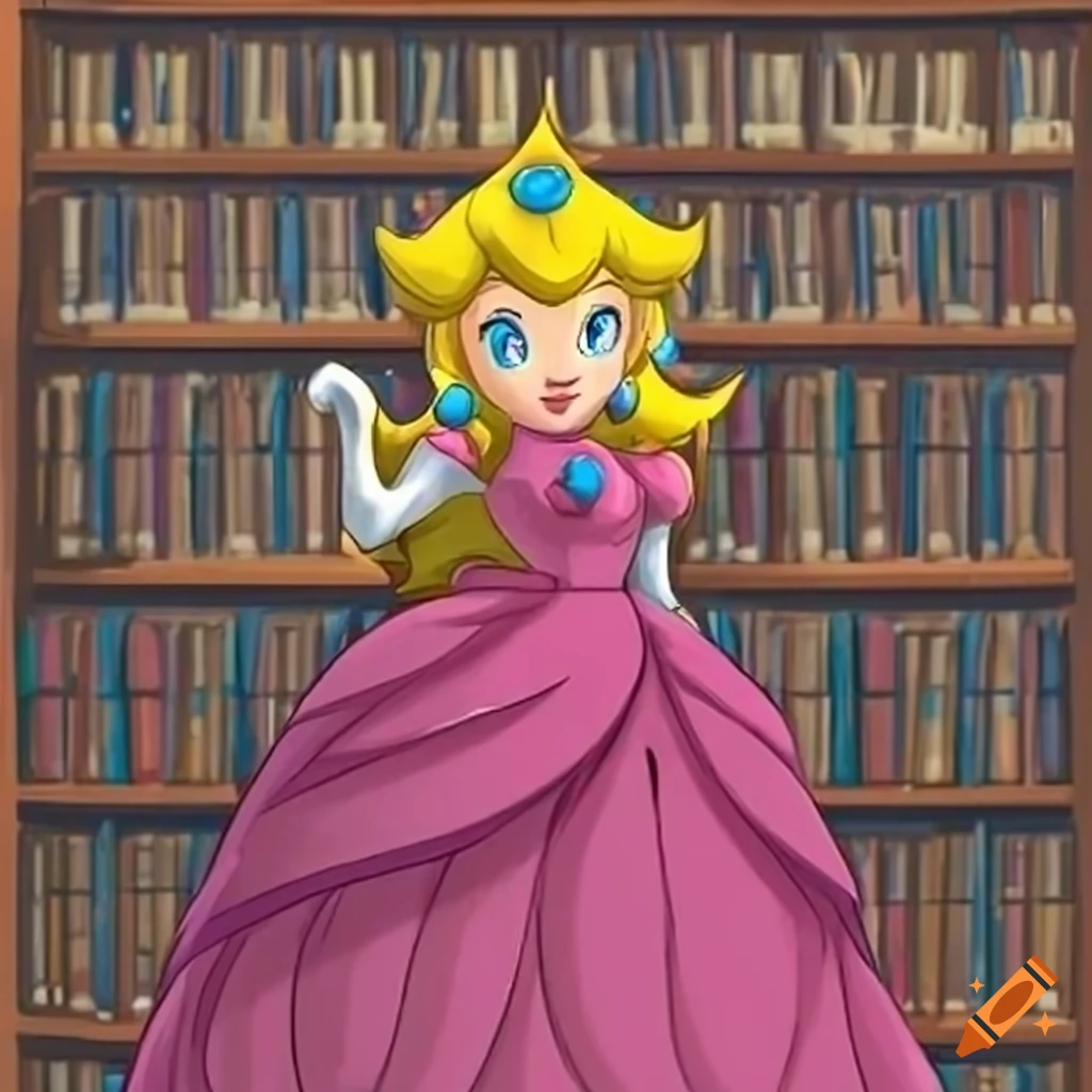 Princess peach surrounded by books in a library on Craiyon