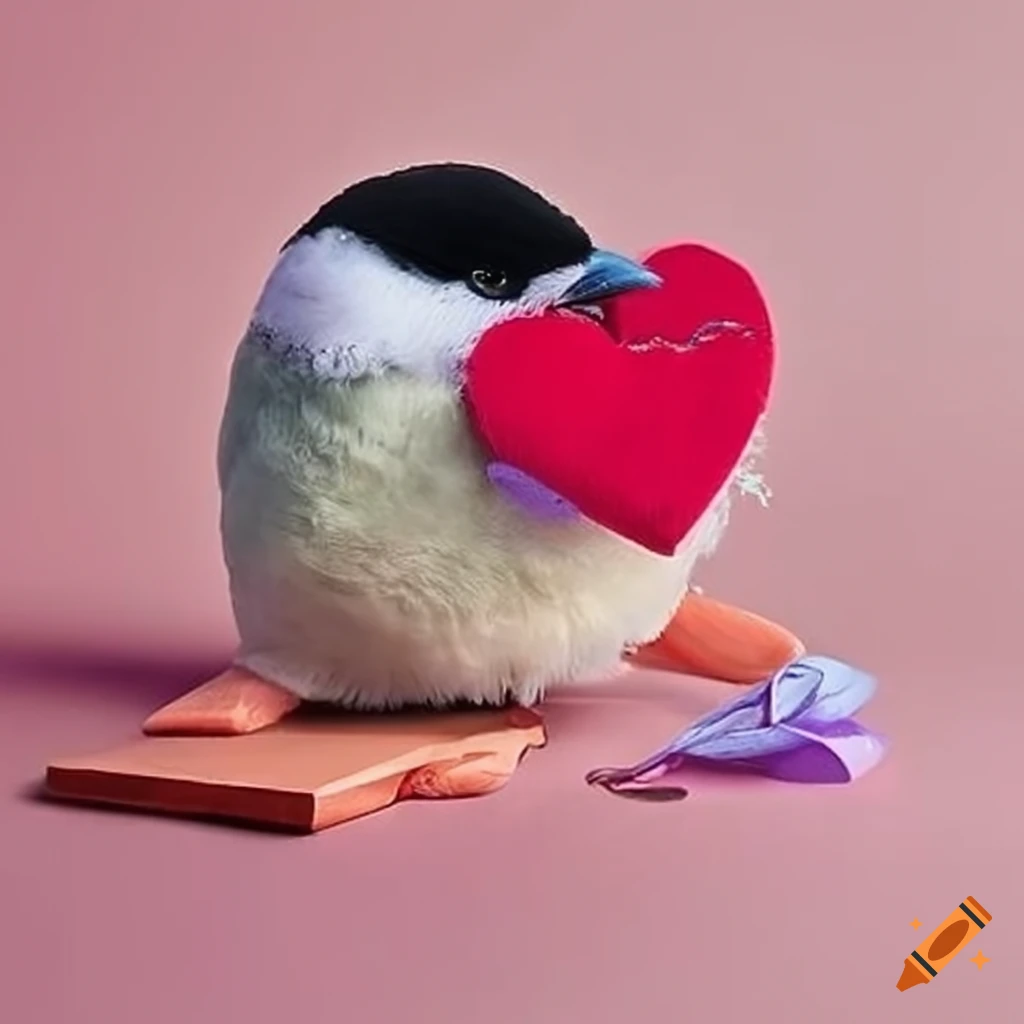 Plushie chickadee holding a heart-shaped box on Craiyon