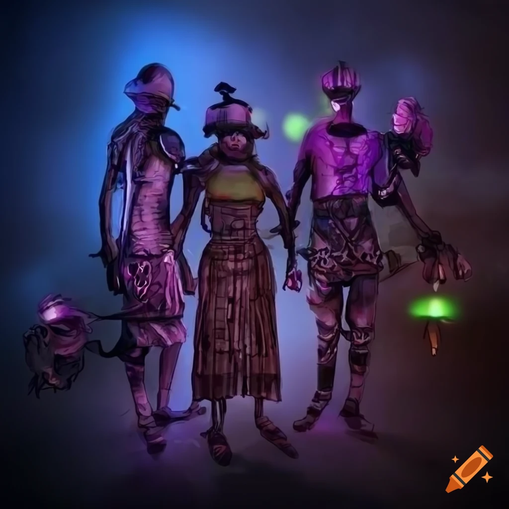 Biopunk family in futuristic outfits surrounded by glowing biopunk moss ...