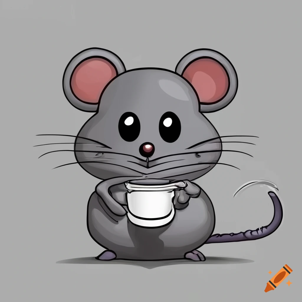 Black and white clipart of cute fat mouse with a coffee mug on Craiyon