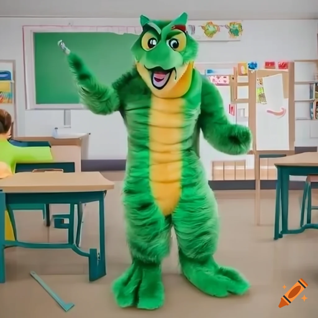 Female teacher in a green snake mascot costume in a classroom on Craiyon