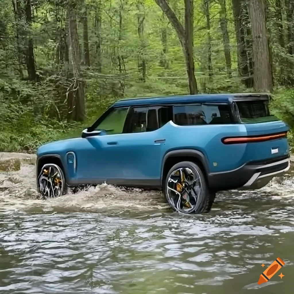 Rivian r1t driving across a creek on Craiyon