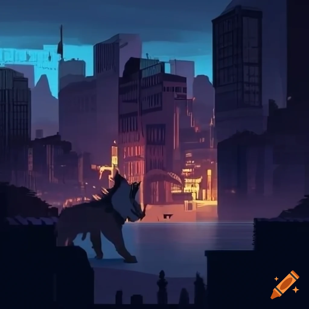 City skyline with a wolf silhouette, concept art on Craiyon