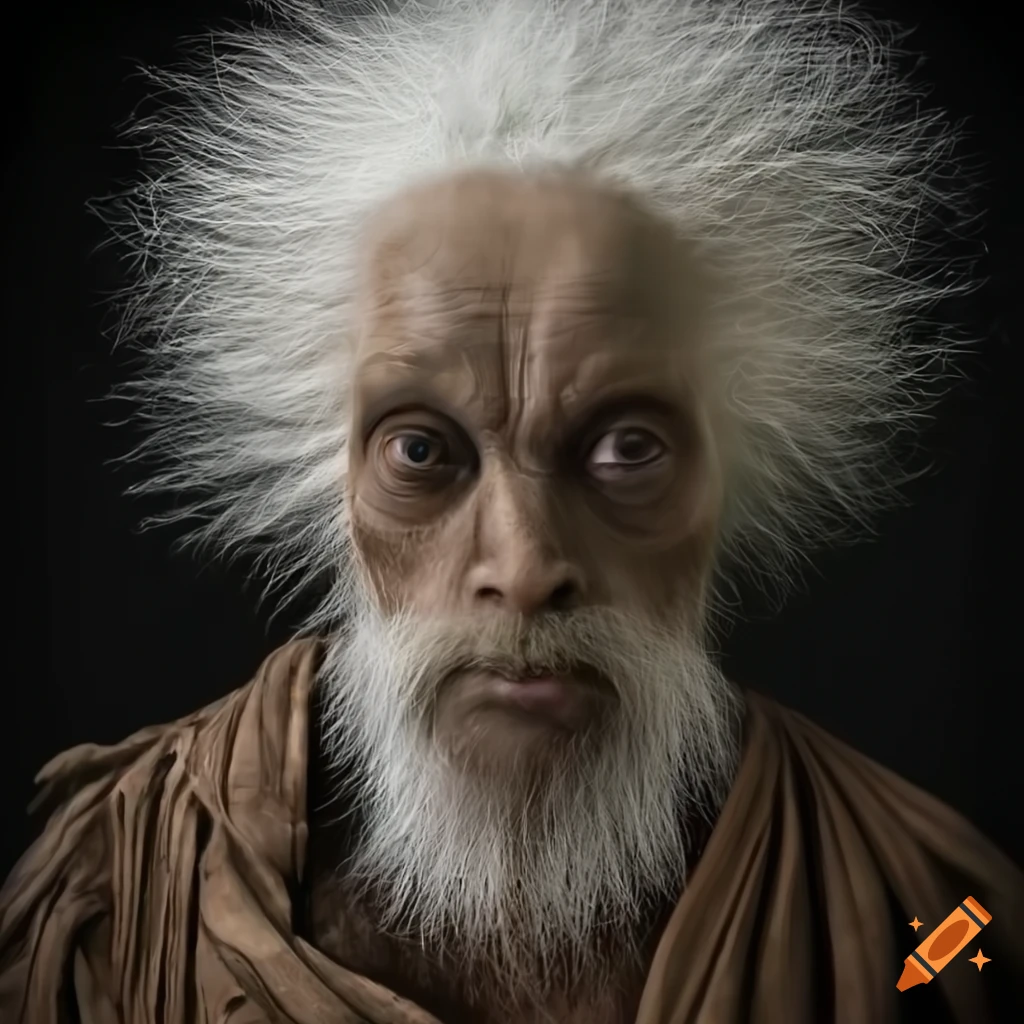 Thin and gaunt alien with white beard and human appearance on Craiyon