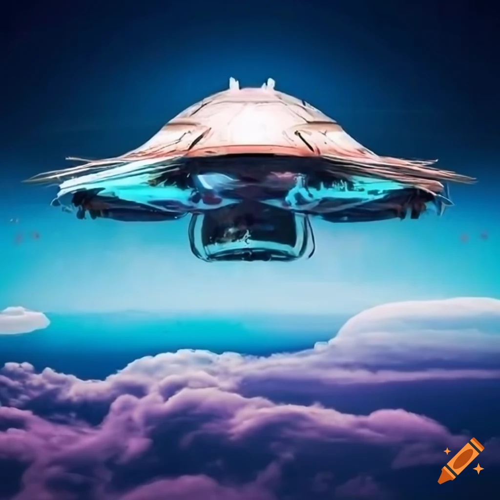 Alien spaceship flying above the clouds with stunning graphics on Craiyon