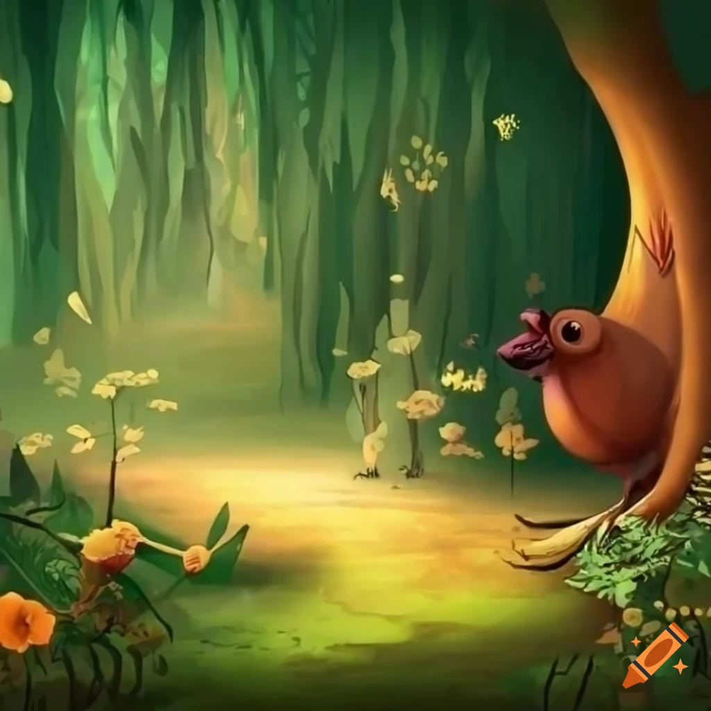 Surreal and ridiculous animal cartoon in a strange forest with pond and ...