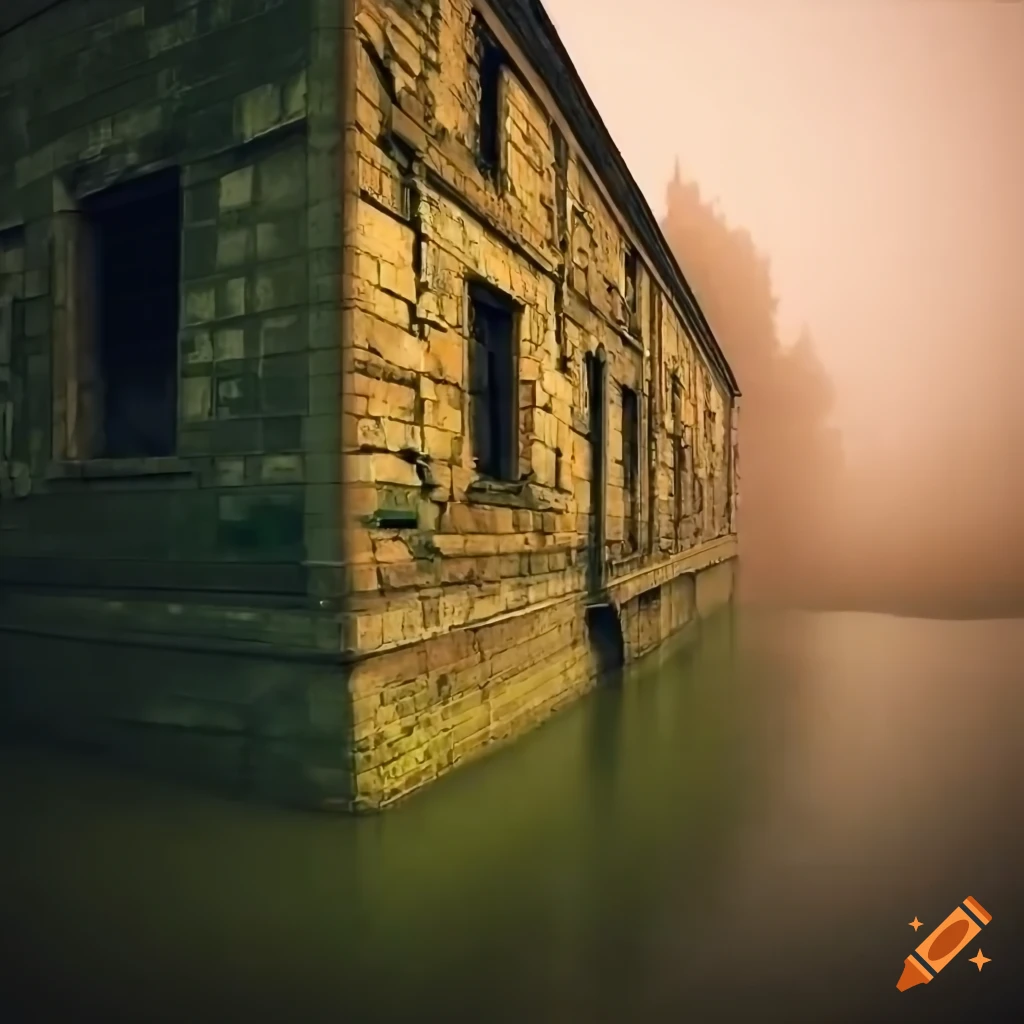 Abandoned brick and sandstone buildings sinking into water in thick fog ...