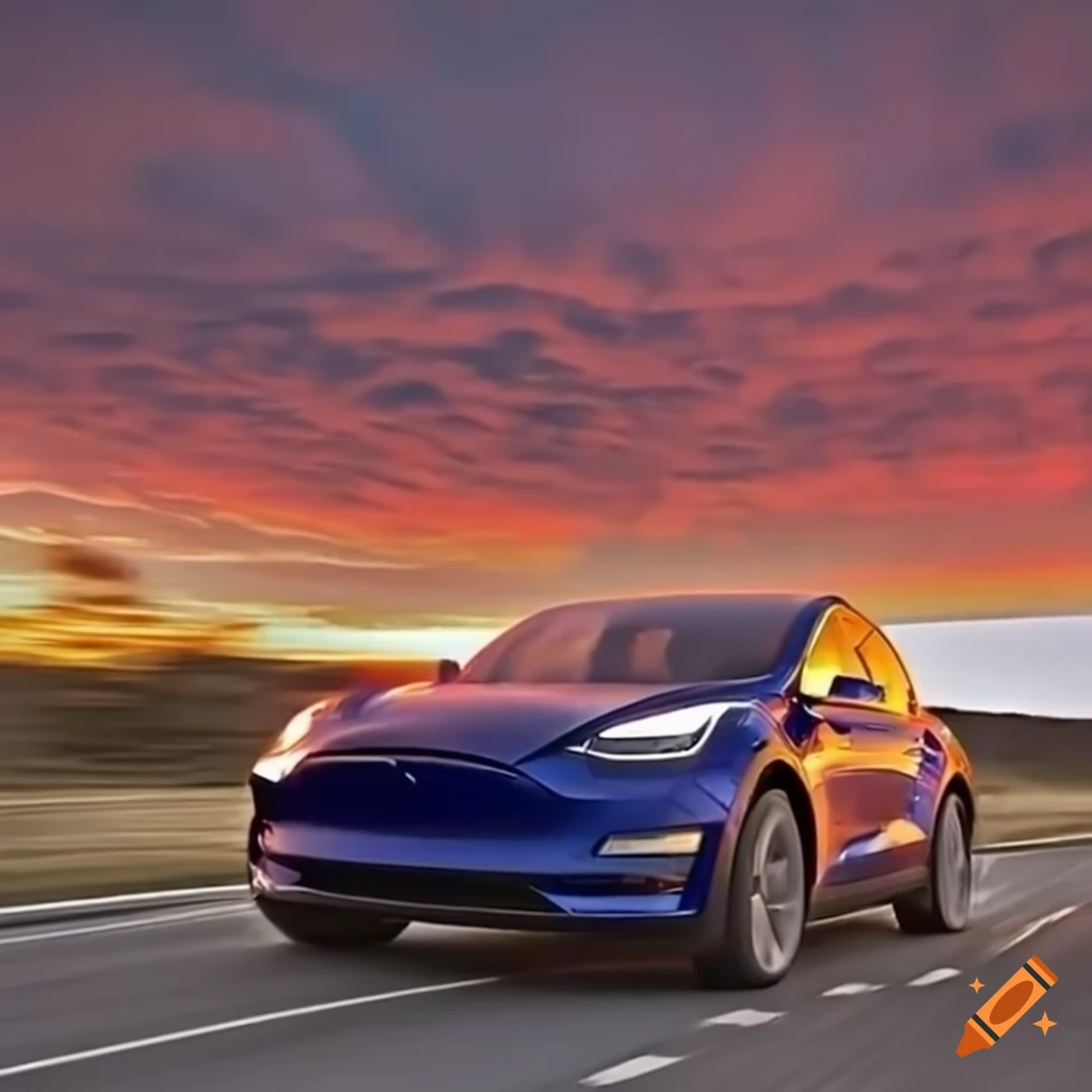 Tesla model y driving into a bright sunset on Craiyon