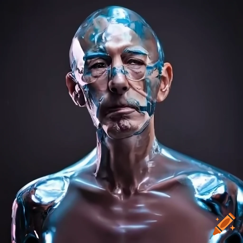 Skinny handsome 70-year old male cyborg in chrome and acrylic body suit ...