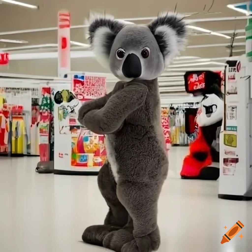 Male employee in koala mascot fursuit at Kmart on Craiyon