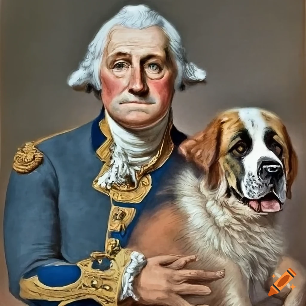 George washington with a saint bernard in 1800s style drawing on Craiyon