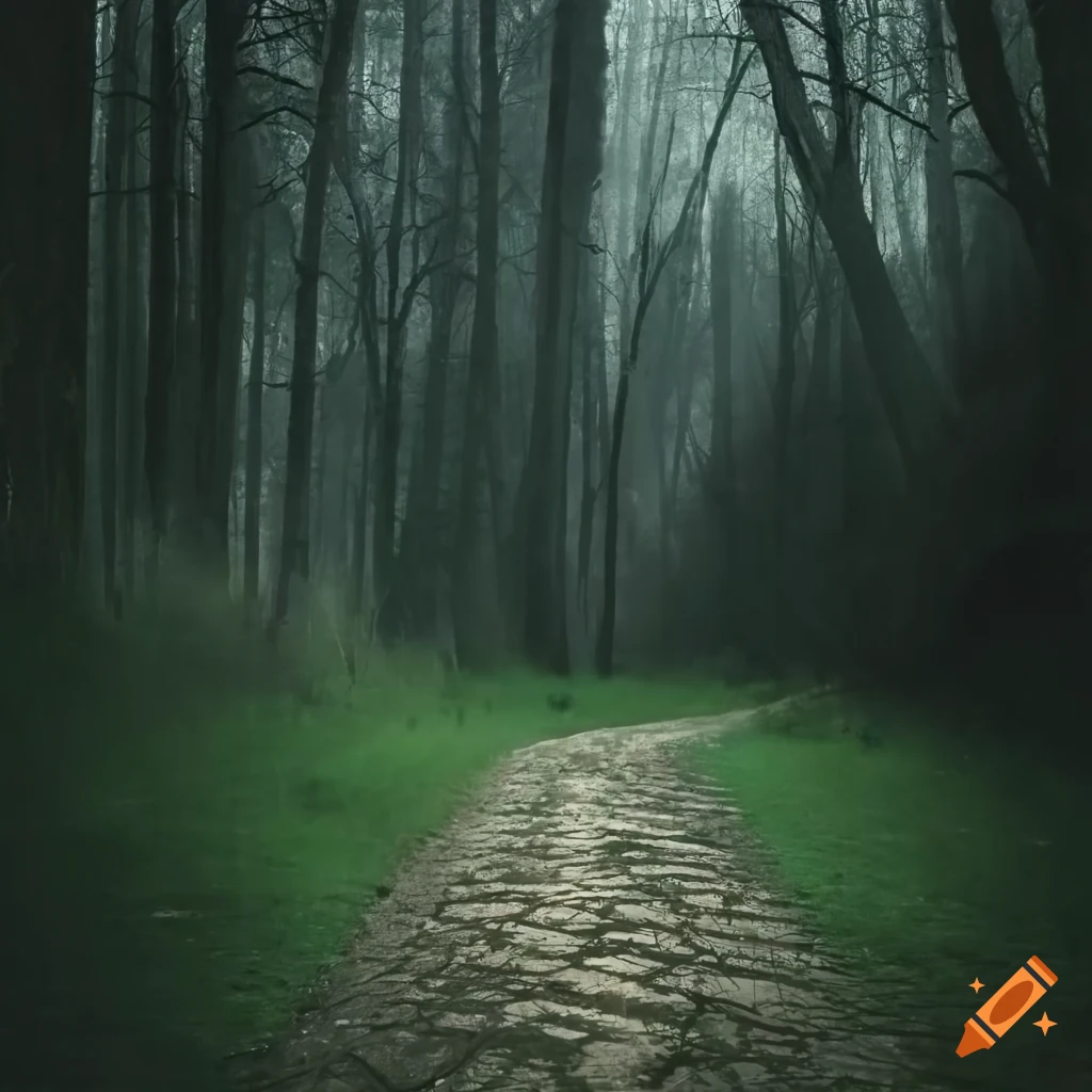 Haunted dark forest with gravel path and wooden shack in the distance ...