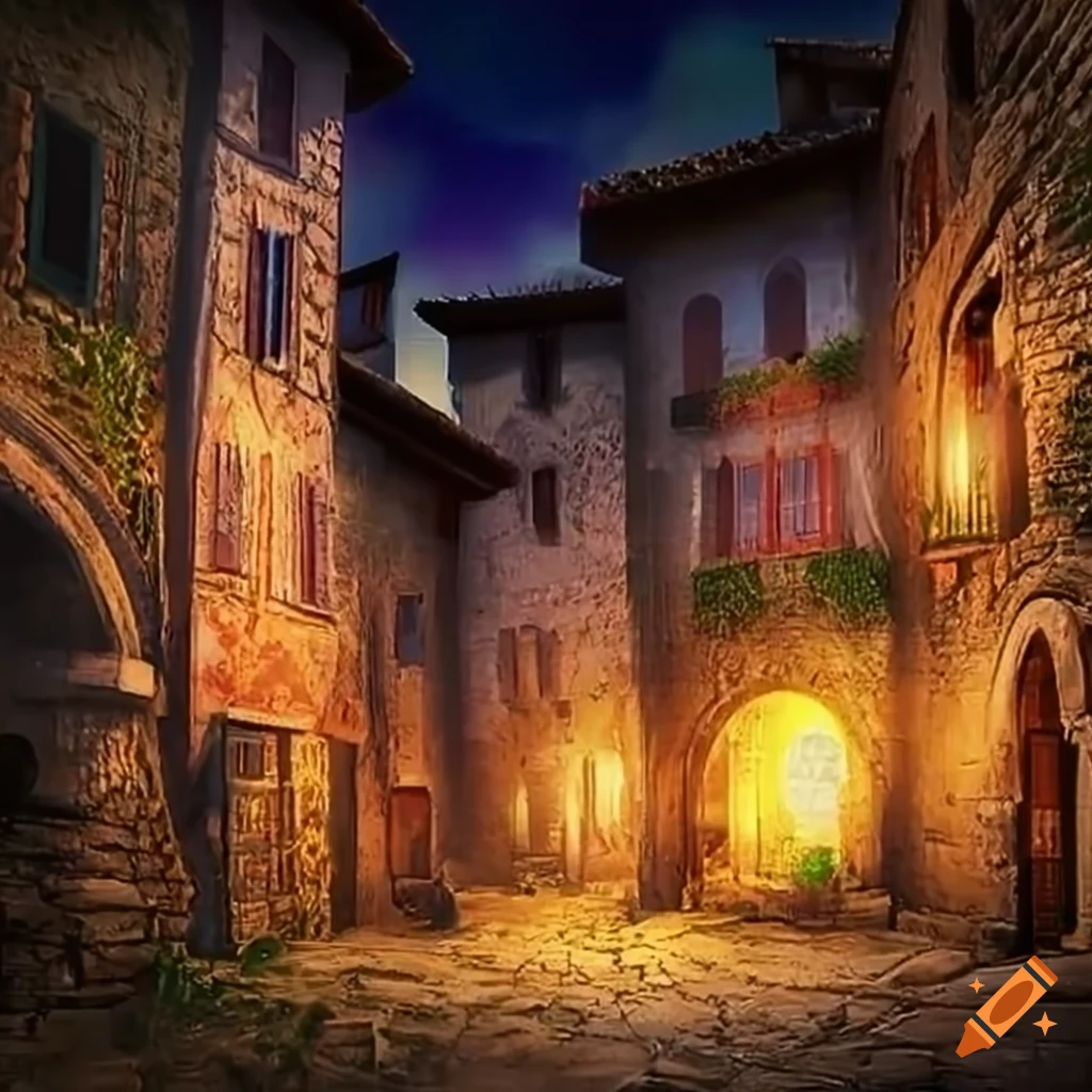 Italian medieval village at sunset on Craiyon