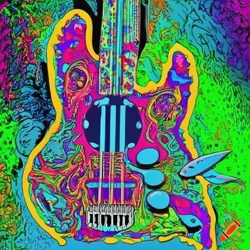 Colorful psychedelic bass guitar with melting fish on Craiyon