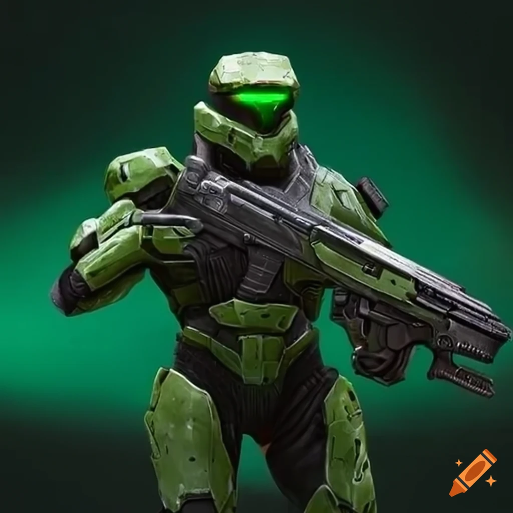 Video game concept with green halo and machine gun on Craiyon