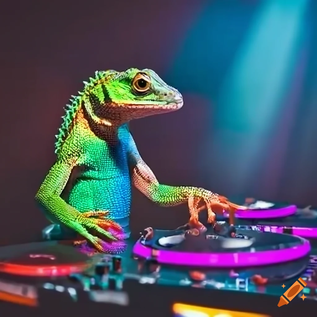 Colorful lizards dancing on digital dj tables on Craiyon