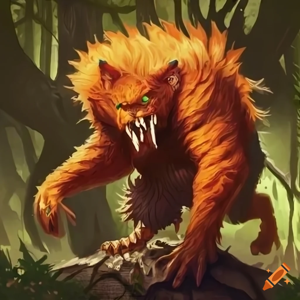 Furry orange beast with large teeth in a forest in a fantasy setting on Craiyon