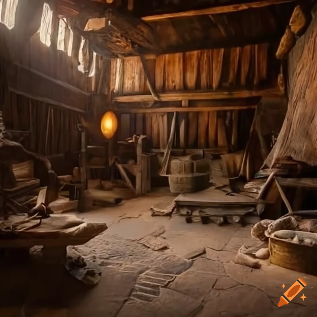 Interior of a historically accurate viking workshop house on Craiyon