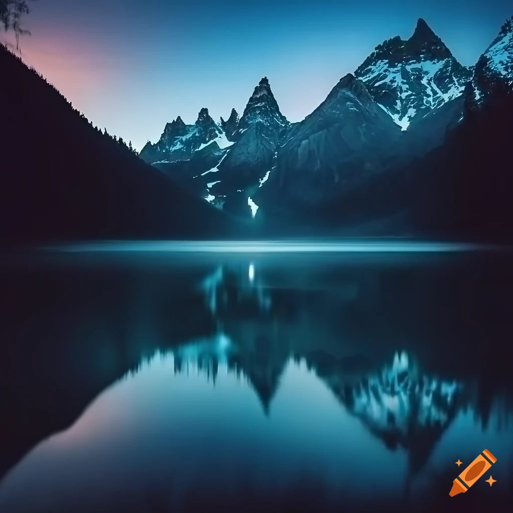 Scenic night view of mountains and lake in natural environment on Craiyon